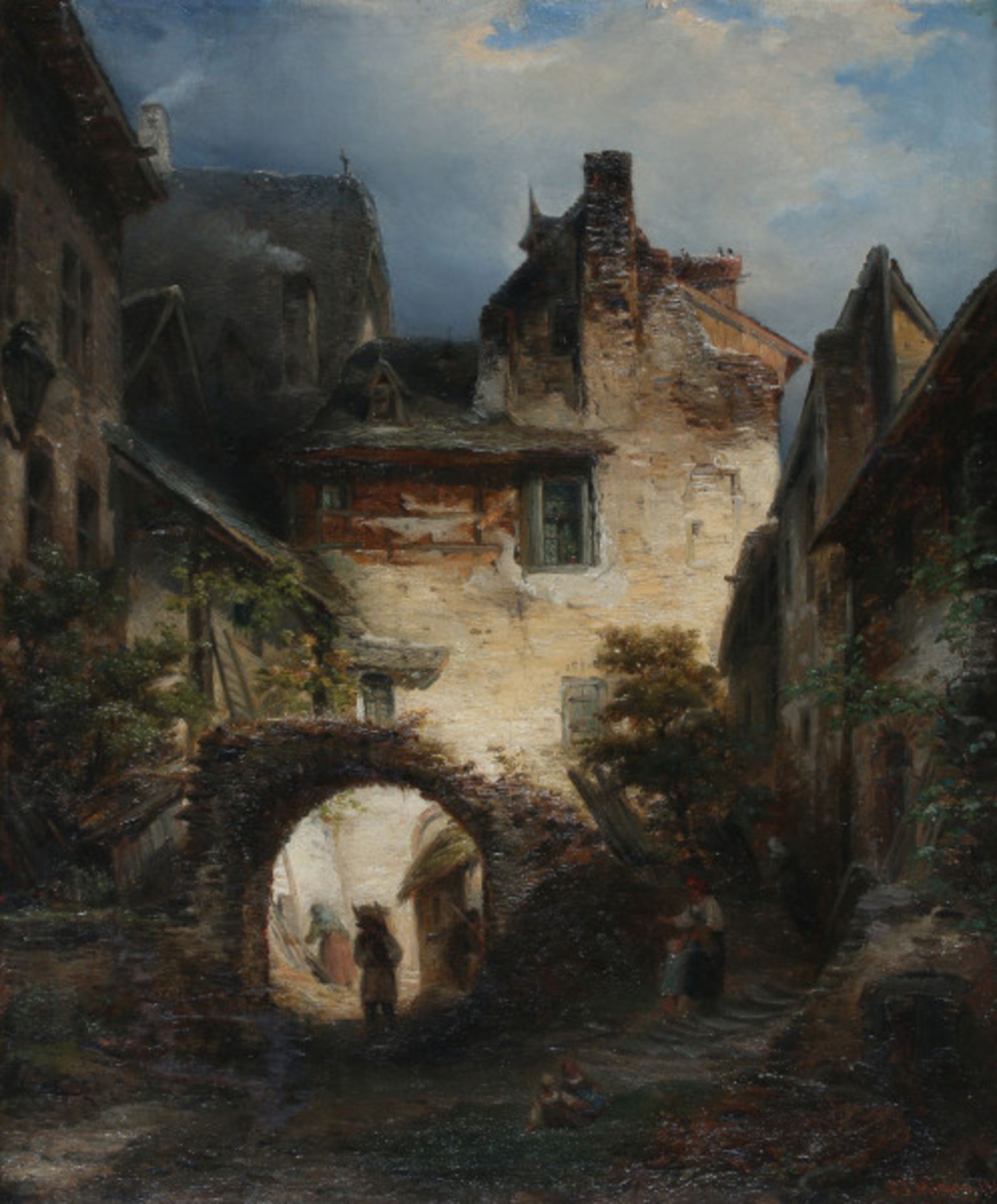 Peter Joseph Minjon (1818-1898) Figures in a German village. Signed and ...