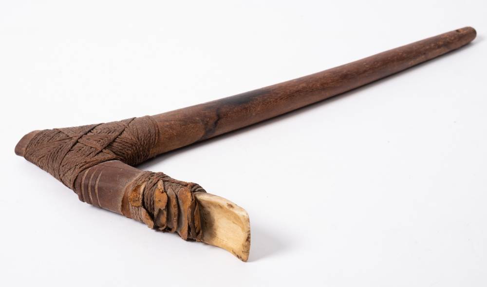 Papua New Guinea tribal adze: with inset bone blade and cord tied V ...
