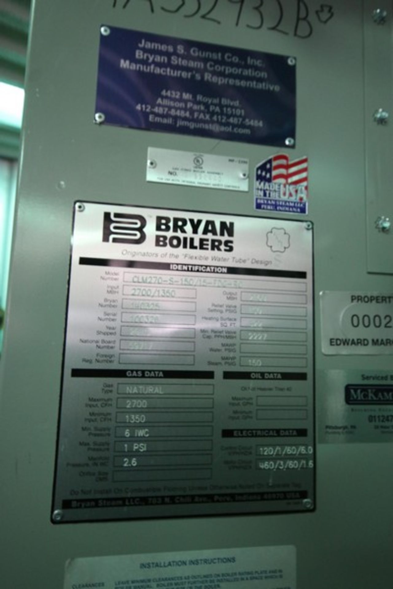 2014 Bryan Boiler, M/N CLM270-S-150/15-FDG-RC, Input: 2700/1350, Output ...