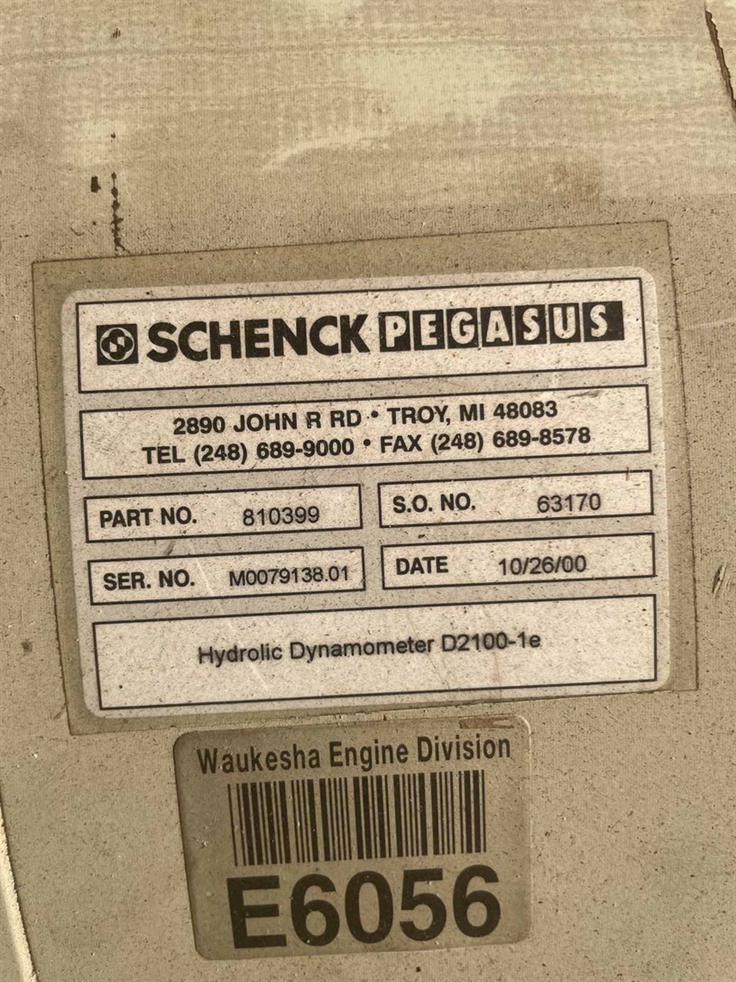 SCHENCK PEGASUS D2100-1E Hydrolic Dynamometer, s/n M0079138.01
