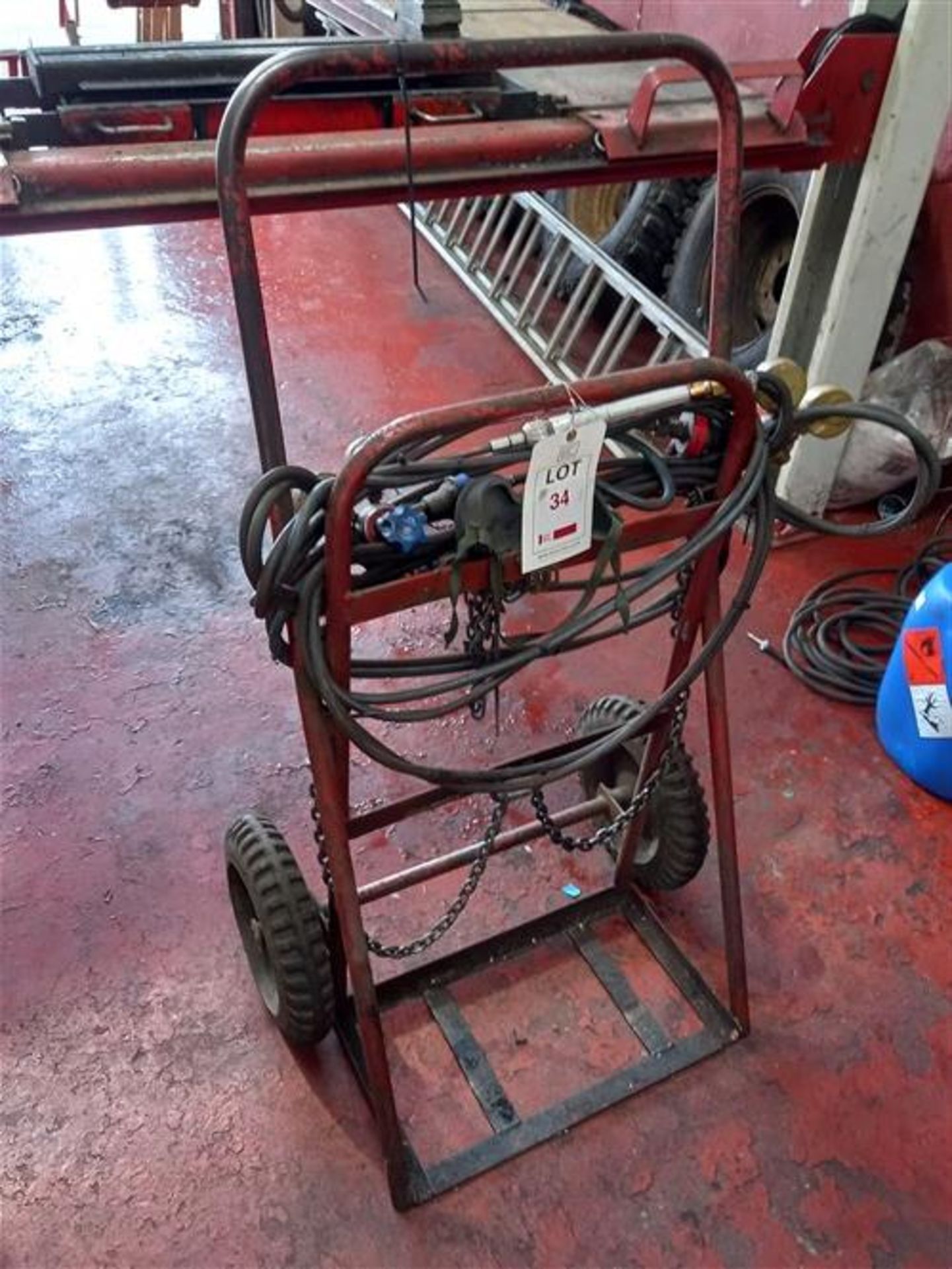 Oxyacetylene bottle trolley with cutting torch, gauges and hose