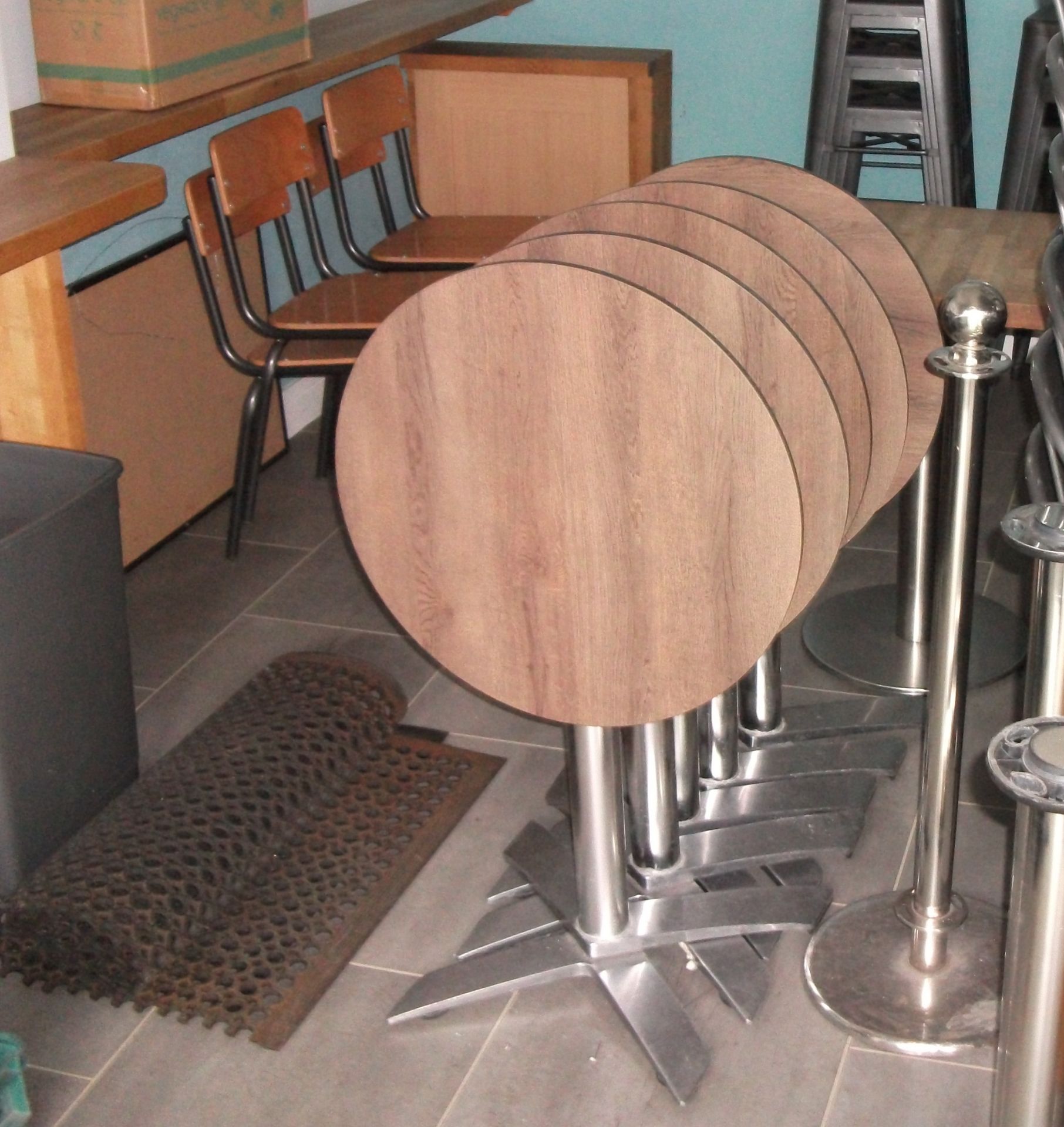 5 Round flip top café tables with 4 vintage style steel and wood chairs ...