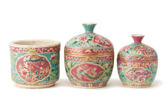 A GROUP OF PERANAKAN CERAMICS Comprising two bowls and covers, or chupu ...