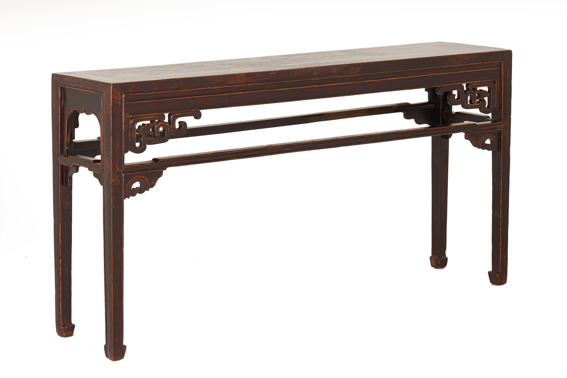 A CHINESE LACQUERED SCROLL TABLE Rectangular top above stylised carved ...