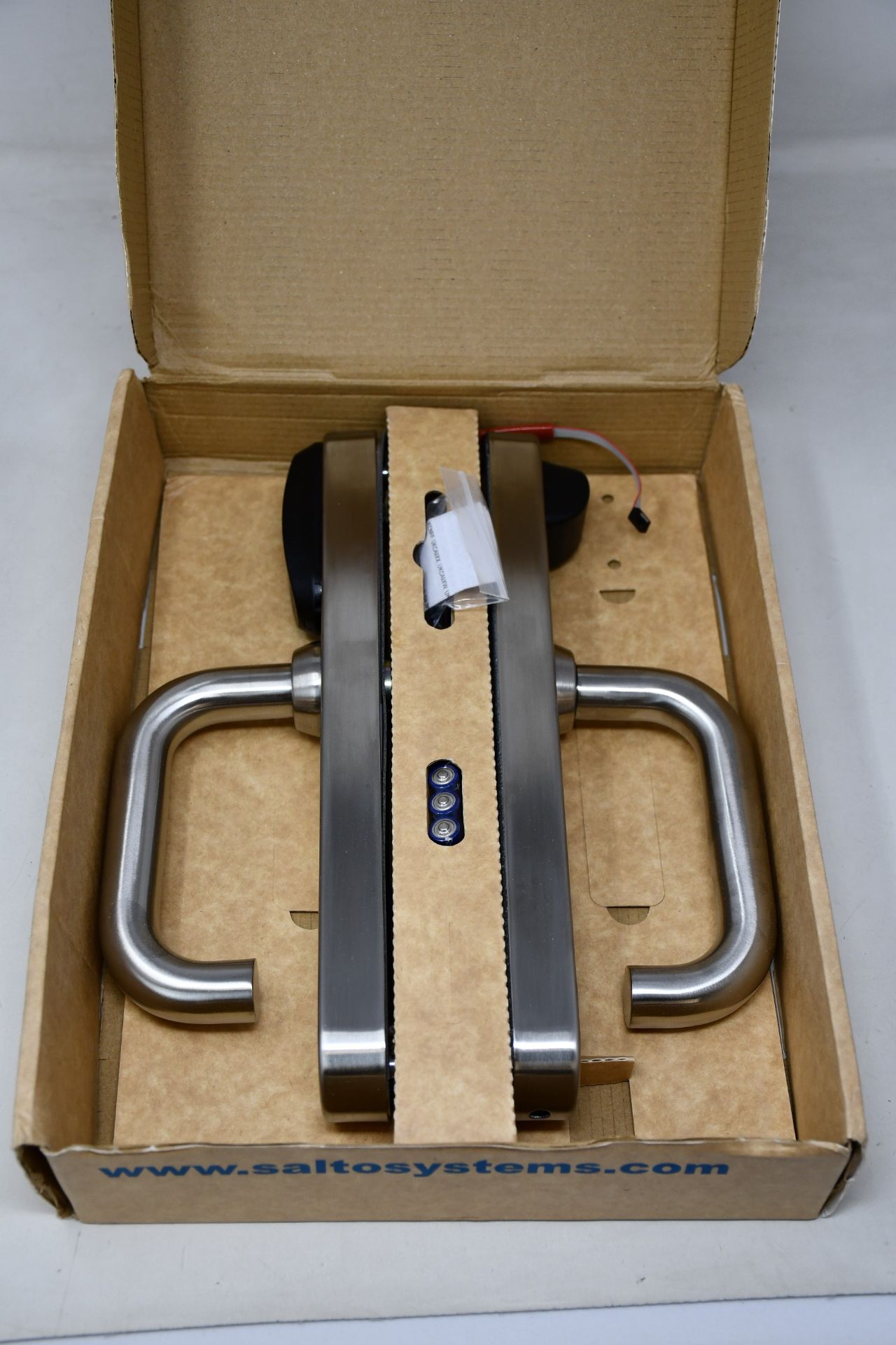 A boxed Salto XS4 Proximity lock for use with Salto key card systems.