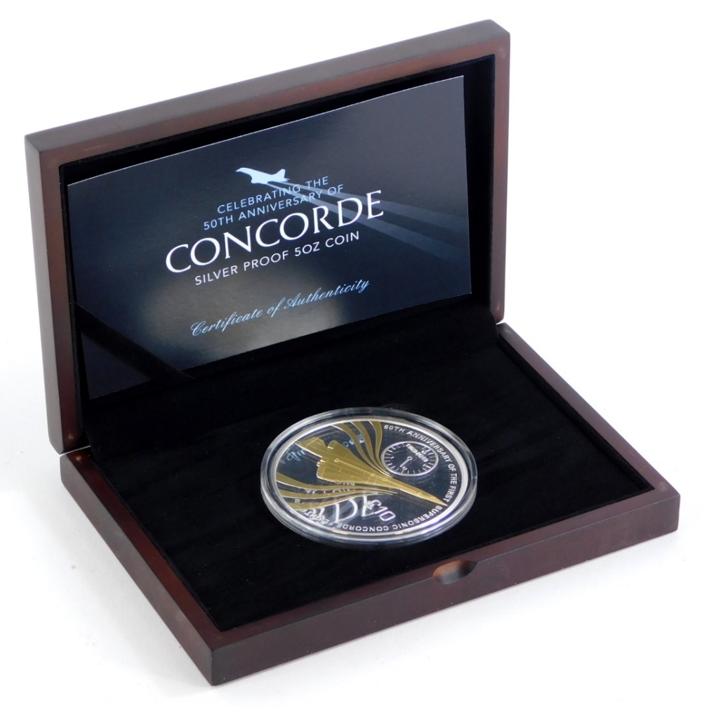 A 50th Anniversary of Concorde silver proof 5oz coin, with certificate ...