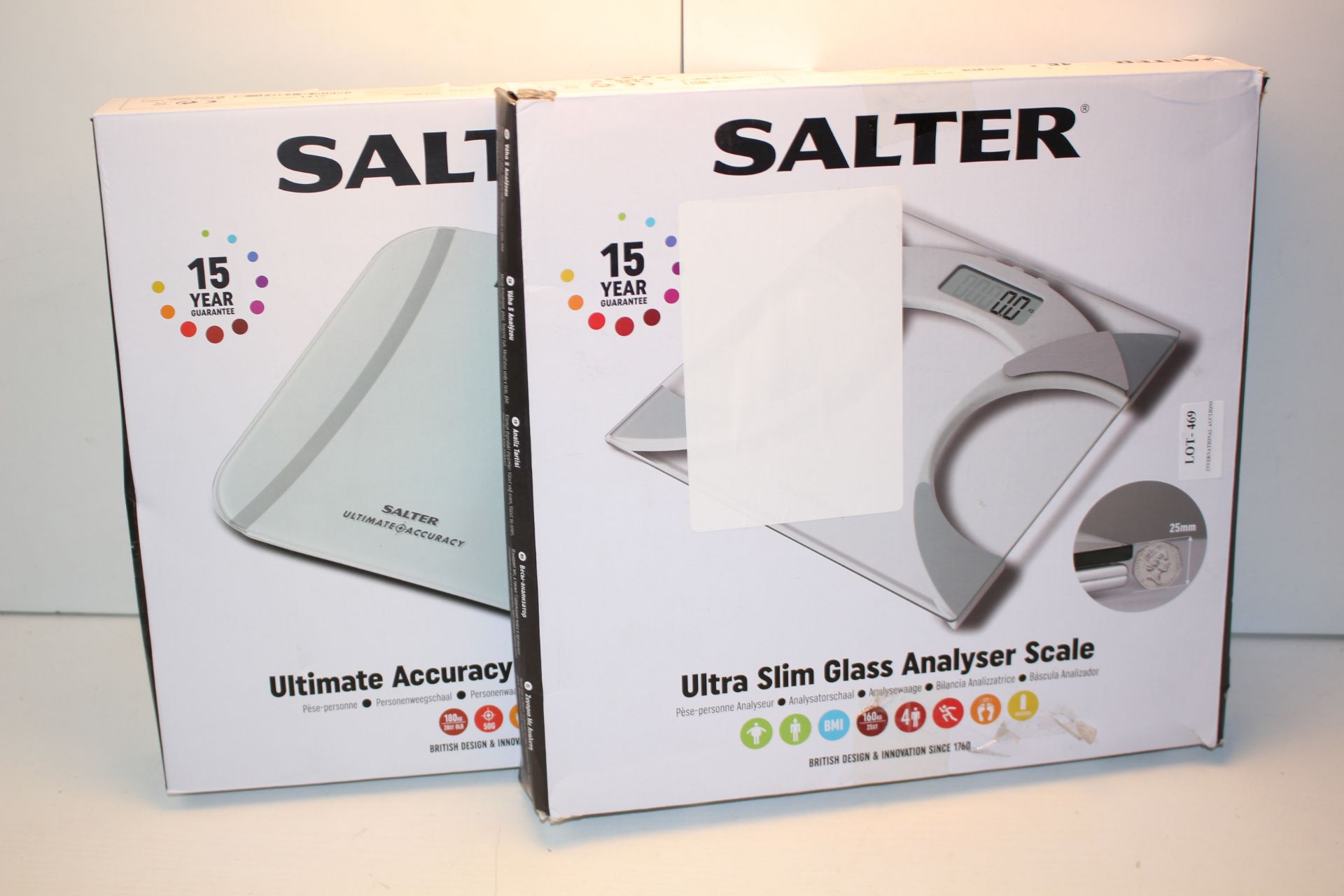 2X BOXED SALTER ULTRA SLIM GLASS ANALYSER SCALES COMBINED RRP £49 ...