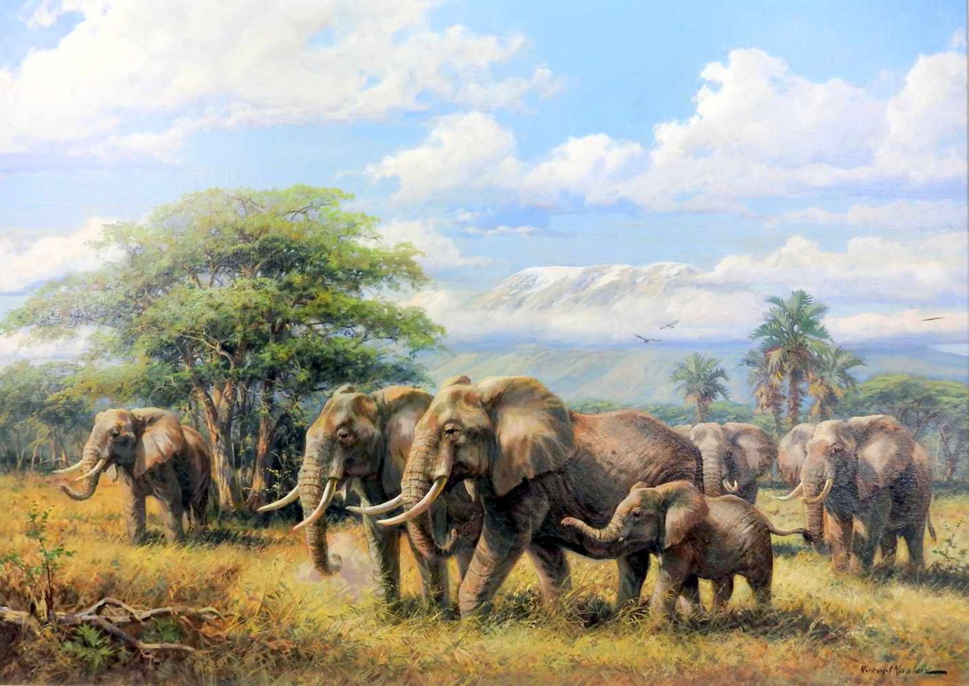 Hubert Kaplan, 1940 München Öl/Leinwand. Elefantenherde in der Savane ...