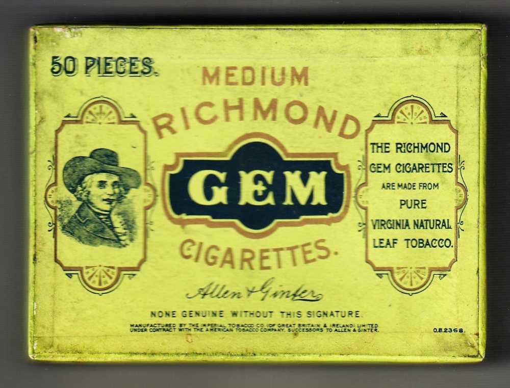 Cigarette packet, USA, Allen & Ginter, 'Richmond Gem Cigarettes', box ...