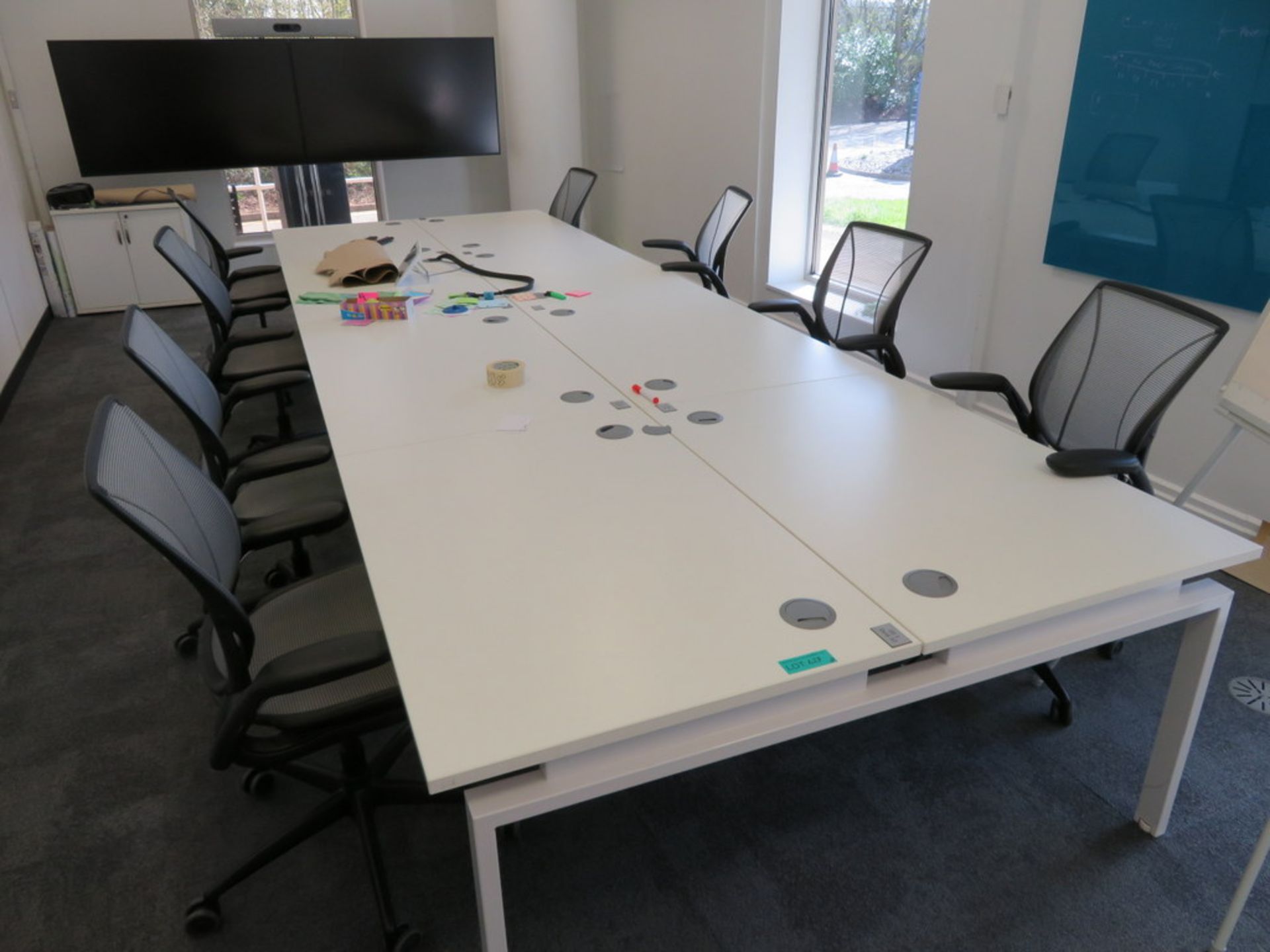 8 Person Desk Arrangement With Dividers, Monitor Arms & Storage ...