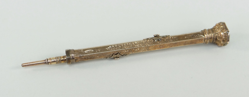 LATE VICTORIAN YELLOW METAL COMBINED PROPELLING PENCIL / DIP PEN, of ...