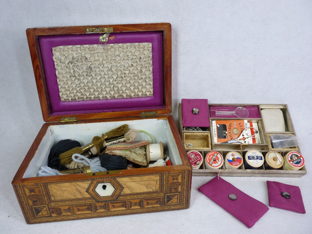 AN OBLONG MULTI-WOOD INLAID & LIDDED SEWING BOX - with interior ...