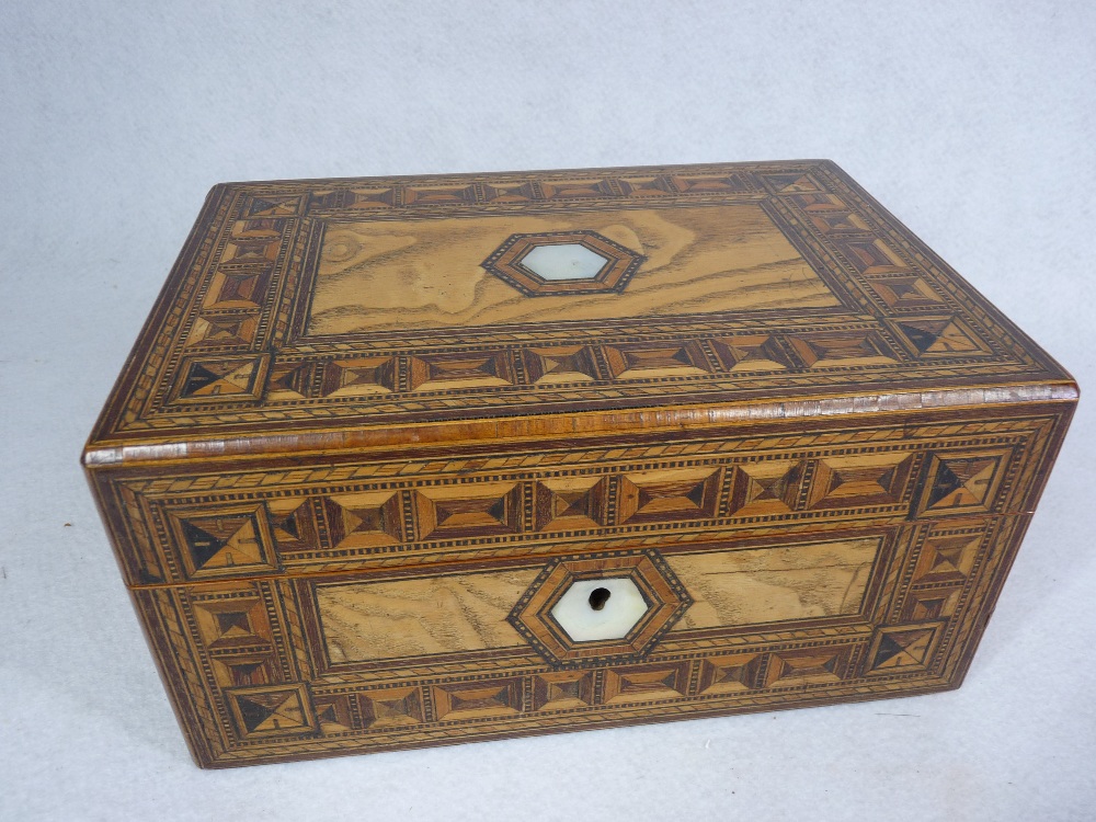 AN OBLONG MULTI-WOOD INLAID & LIDDED SEWING BOX - with interior ...