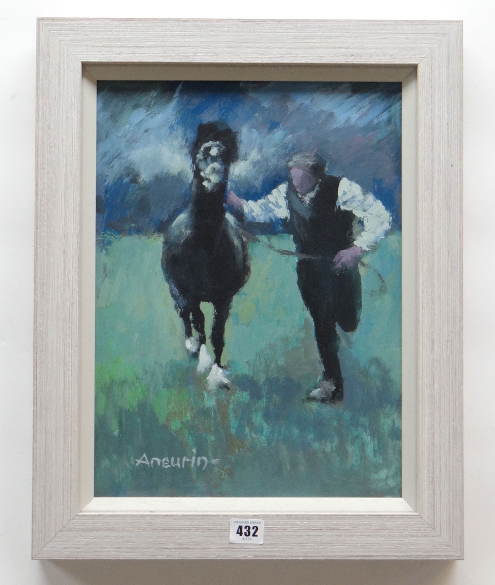 ANEURIN JONES acrylic - Welsh cob and handler, signed, 38 x 28cms ...