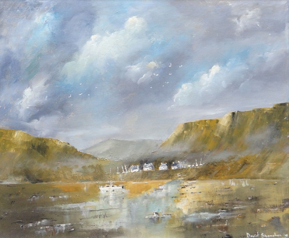 DAVID SHANAHAN oil on canvas - Pembrokeshire harbour, entitled verso ...