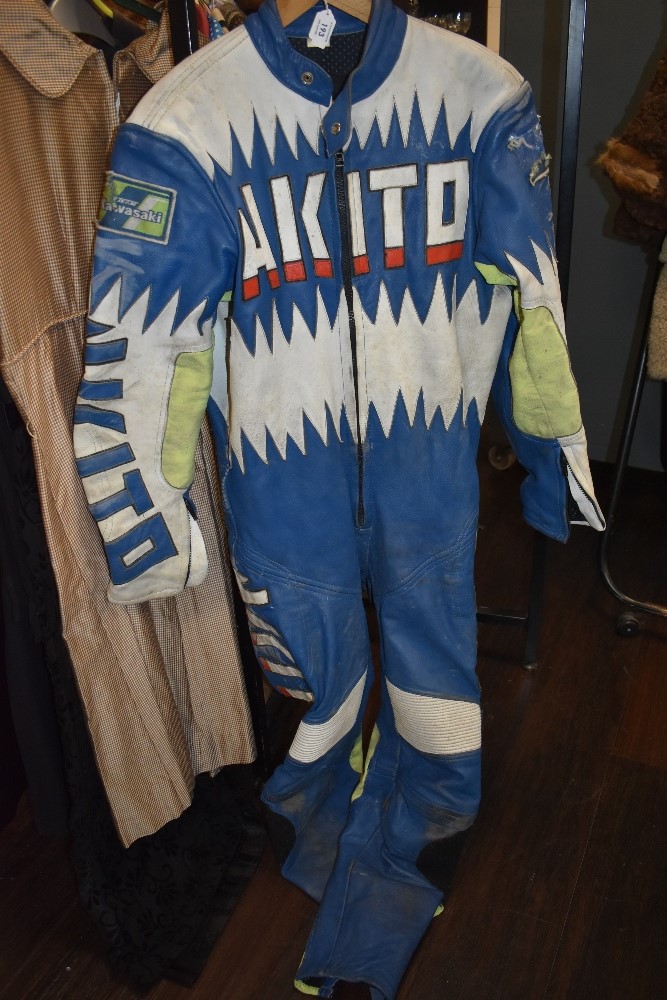 A set of retro Akito all in one motorcycle leathers.