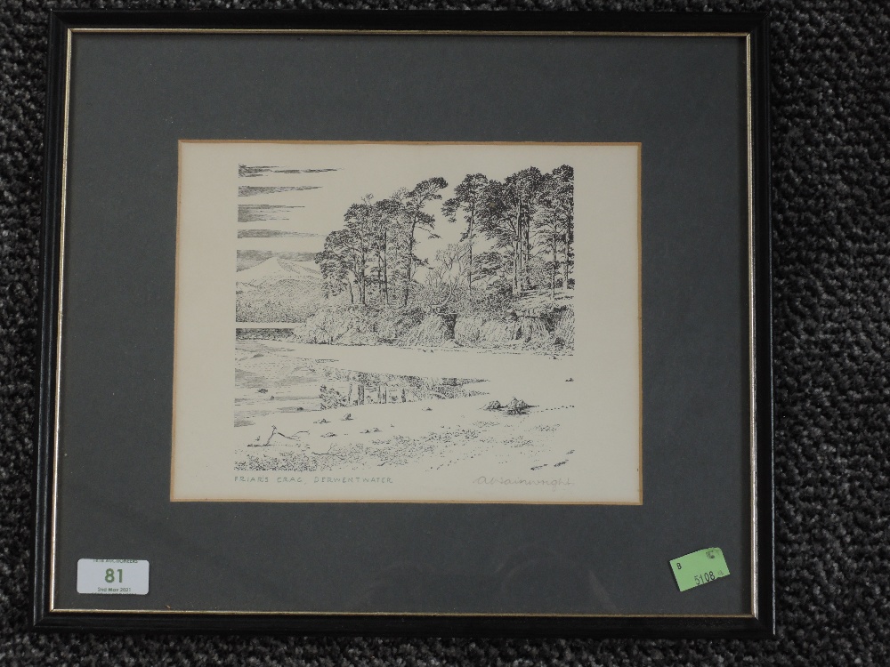 A print, after Alfred Wainwright, Friar's Crag Derwentwater, signed, 18 ...