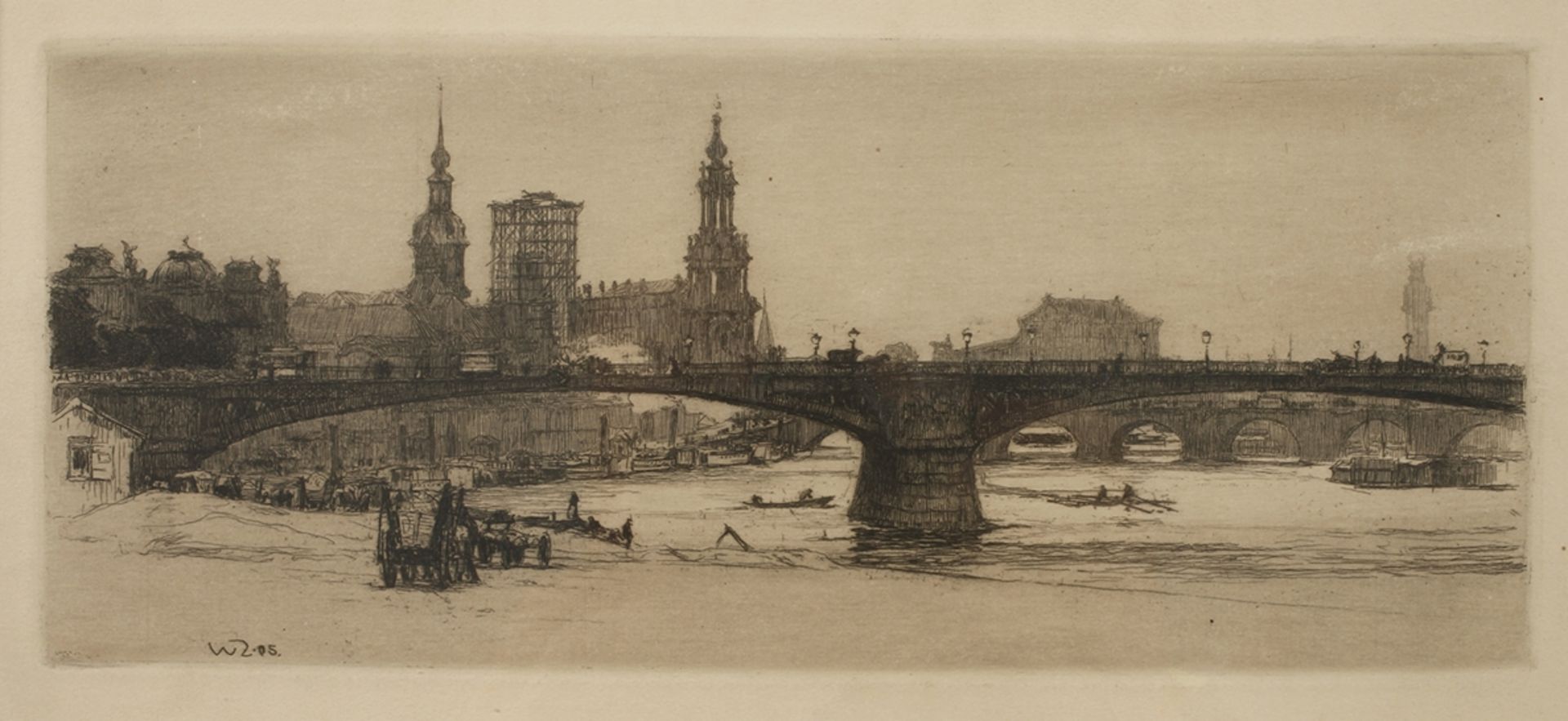 Walter Zeising, An der Elbe in DresdenBlick auf die Carolabrücke, vor ...