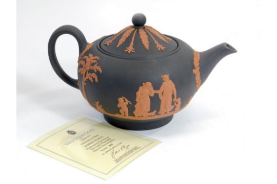 WEDGWOOD. A Limited Edition Terracotta on Black Jasper Ware teapot ...