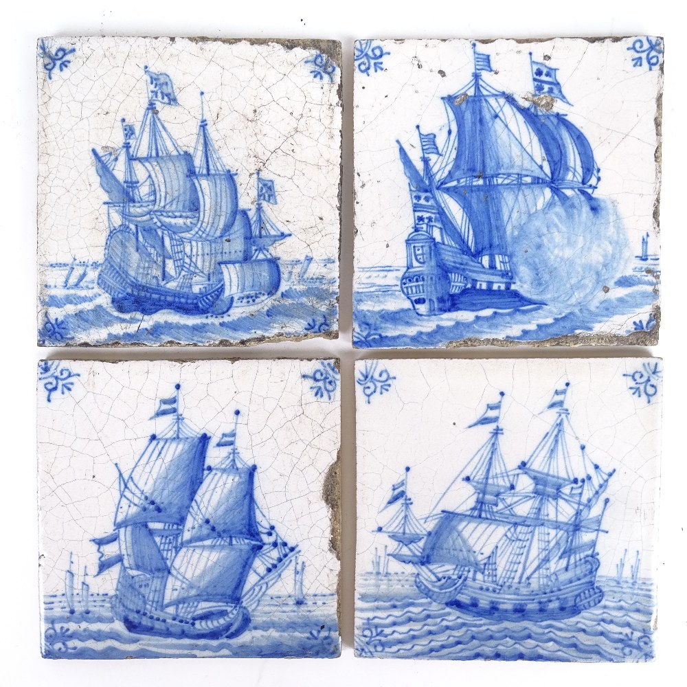 A group of Delft blue and white tiles, sailing ship designs, all approx ...
