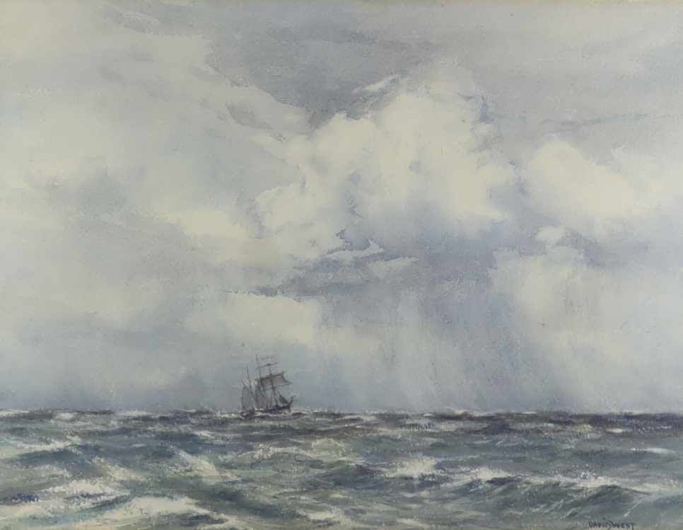 David West (1868-1936) - Watercolour - Sailing ship on a choppy sea ...