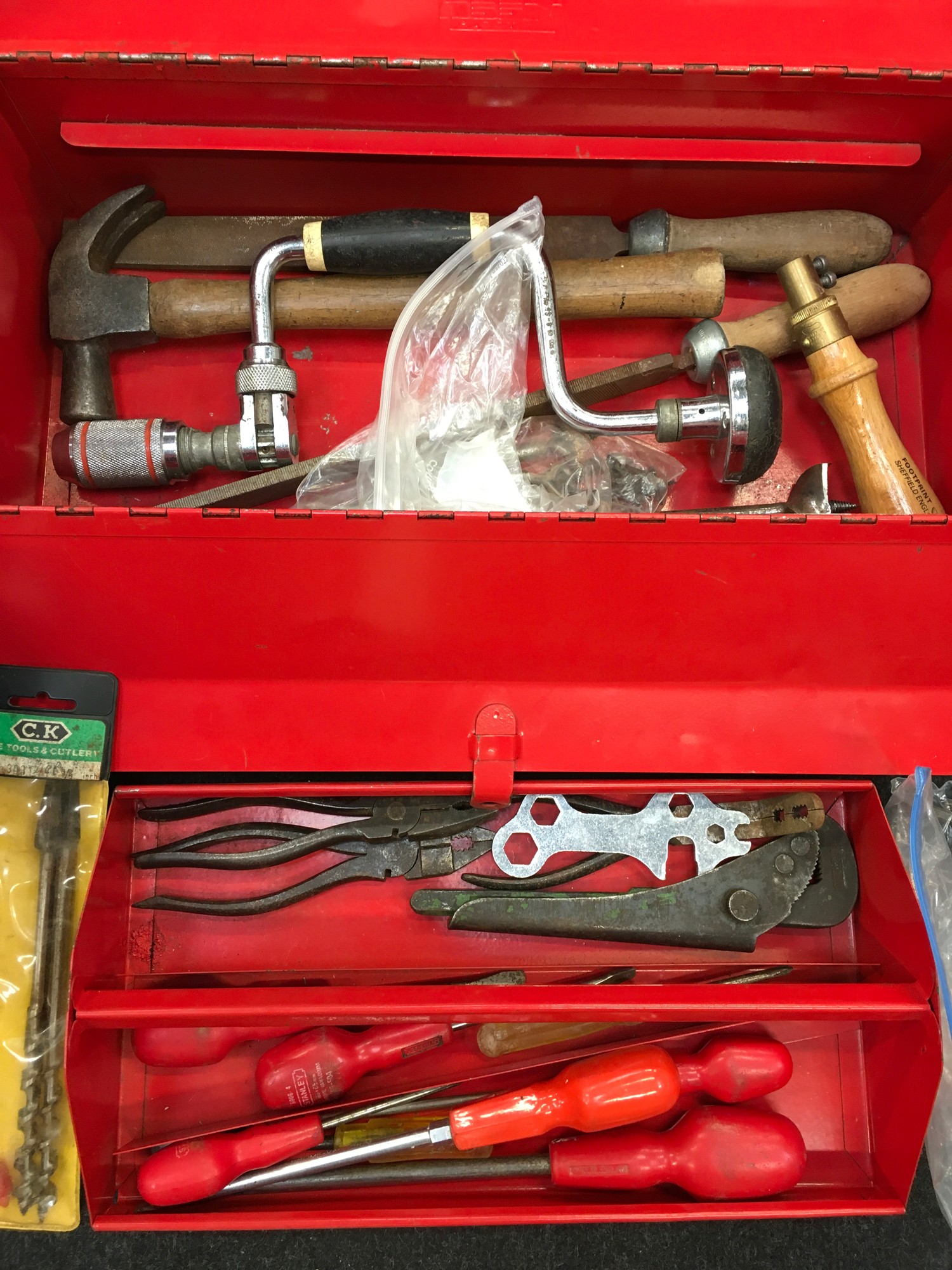 Two vintage metal tool boxes containing various tools to include ...