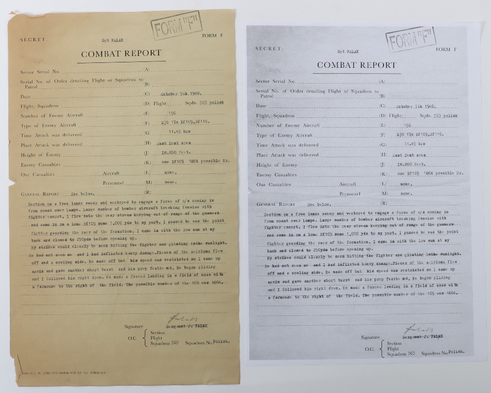 WW2 Polish RAF Combat Report October 5th 1940, Sergeant J.Palak 303 ...