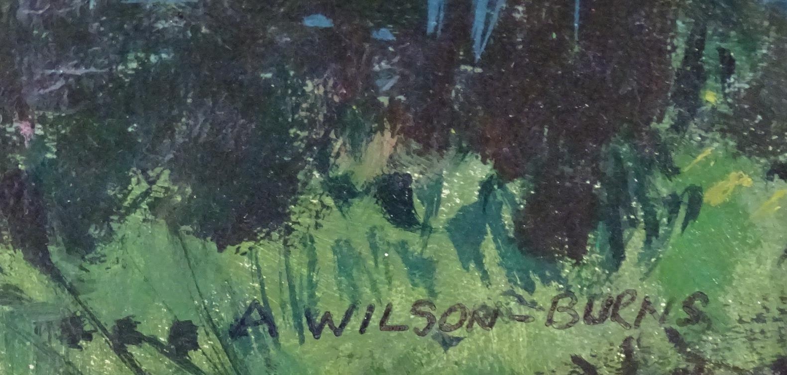 A. Wilson Burns, 20th century, Oil on board, A wooded river landscape ...