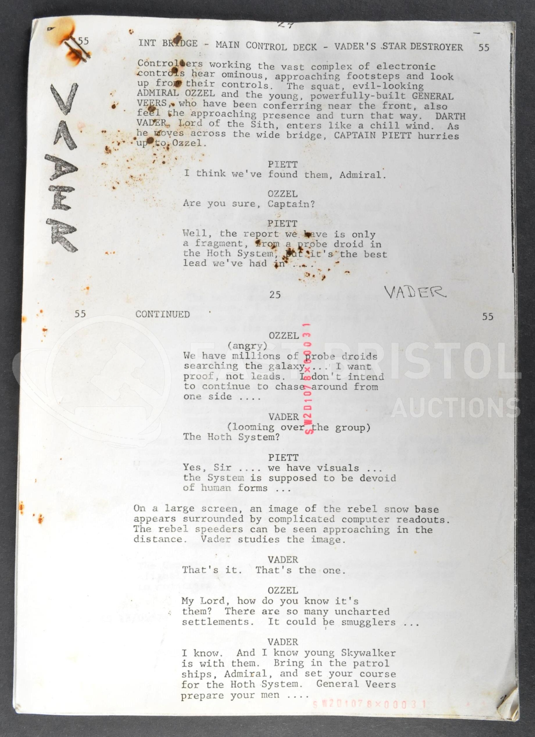 ESTATE OF DAVE PROWSE - PROWSE'S ORIGINAL EMPIRE STRIKES BACK SCRIPT ...