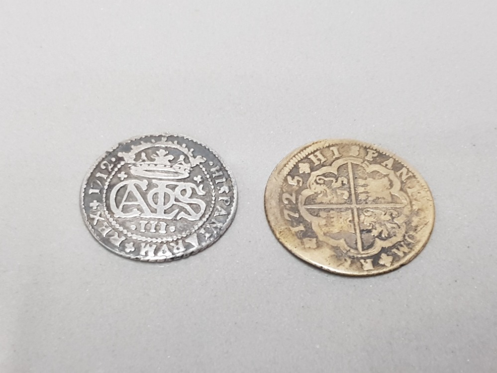 2 SILVER 1725 SPANISH REALES COLONIAL 2 BITS PIRATE TREASURE COINS