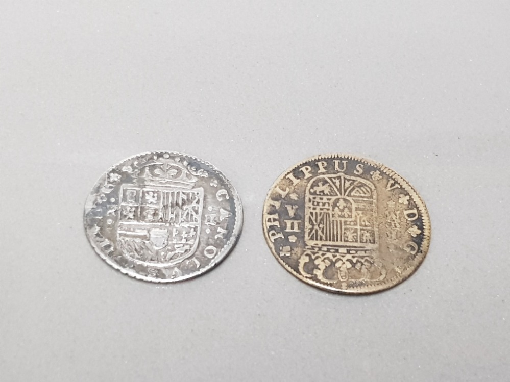 2 SILVER 1725 SPANISH REALES COLONIAL 2 BITS PIRATE TREASURE COINS