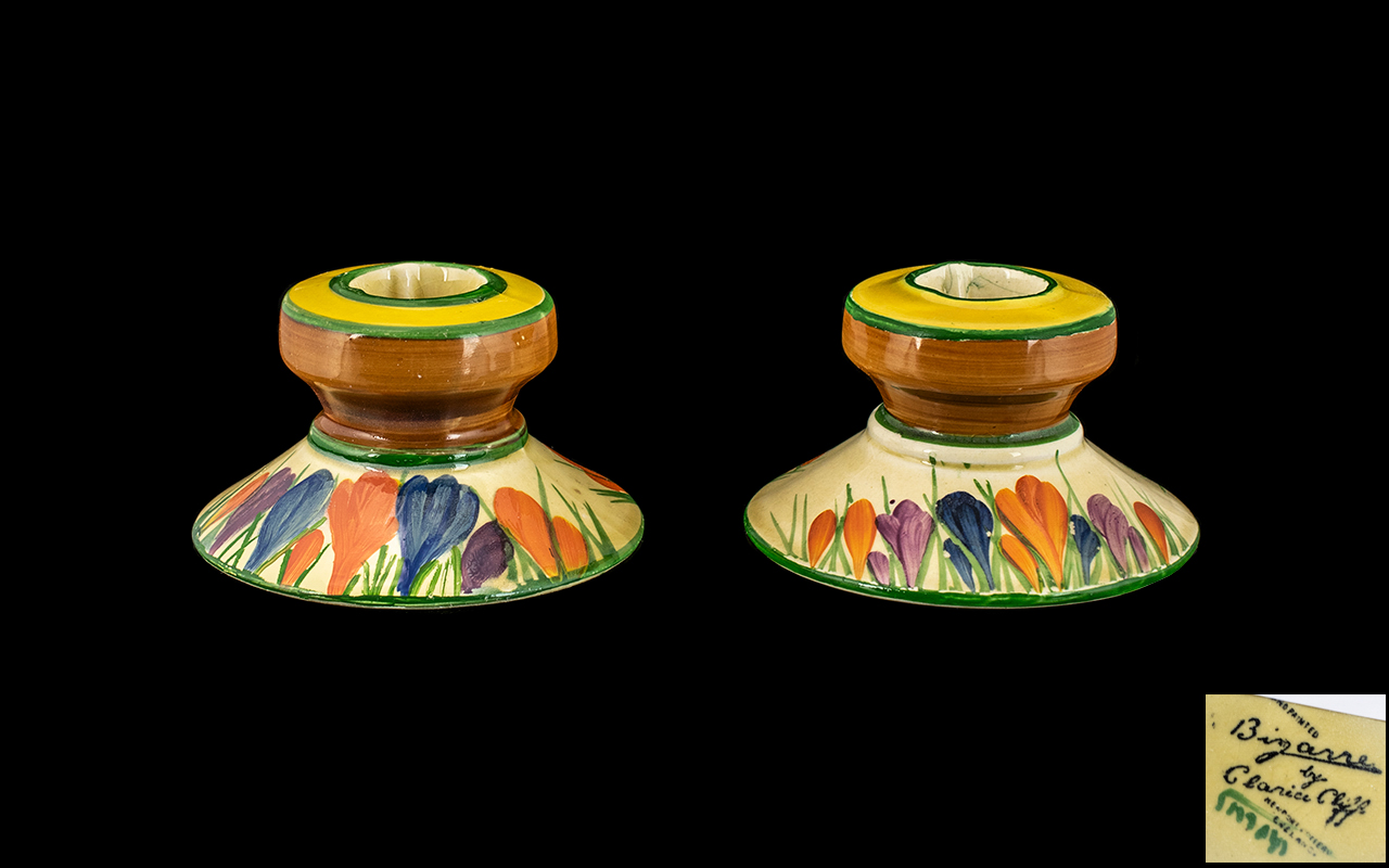 Clarice Cliff Hand Painted Pair of Squat Candlesticks ' Crocus ...