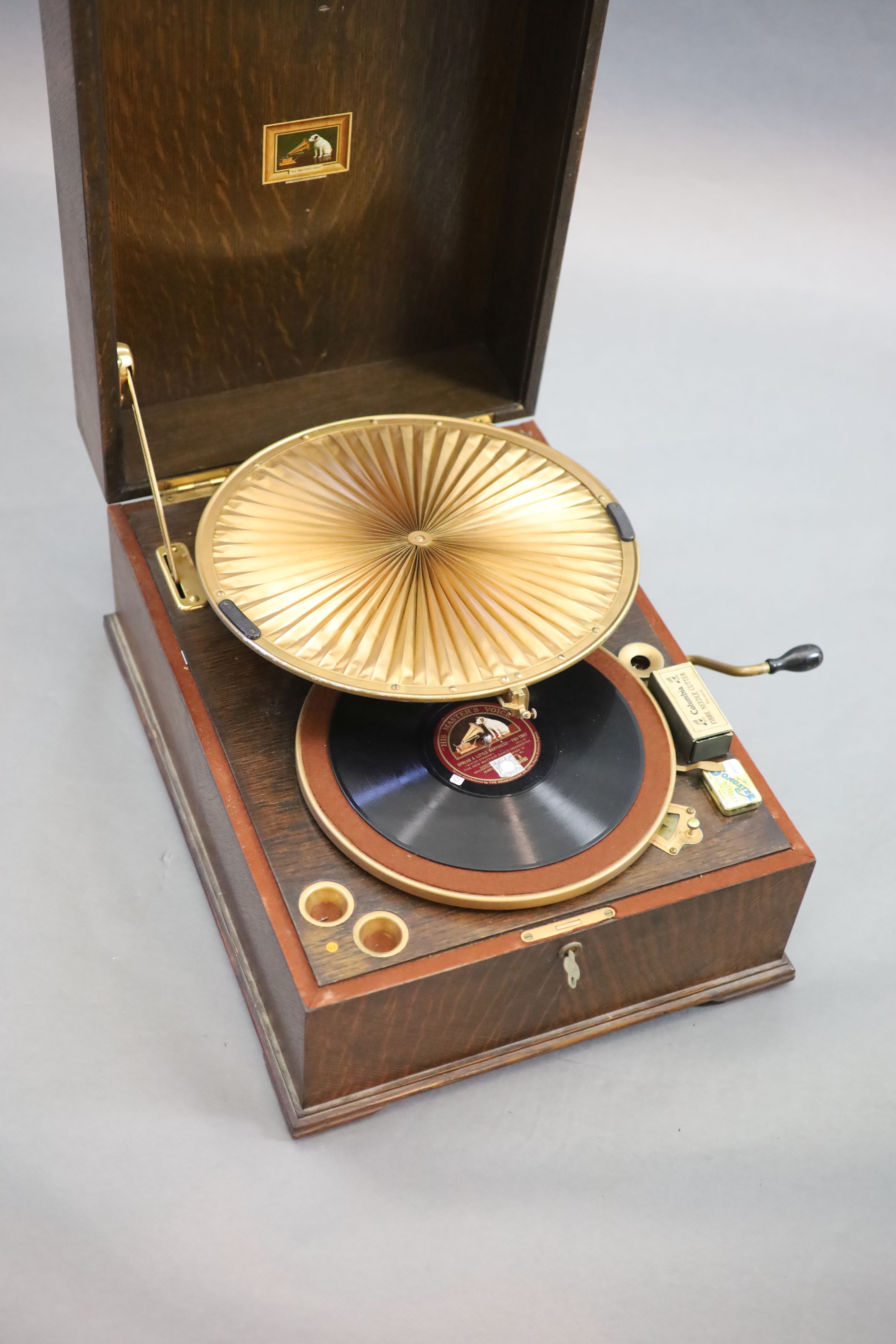 A HMV Lumiere model oak cased 460 gramophone, c1925,with original ...
