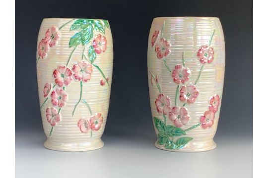 A pair of Maling lustre vases, each decorated with cherry blossom, 21 cm