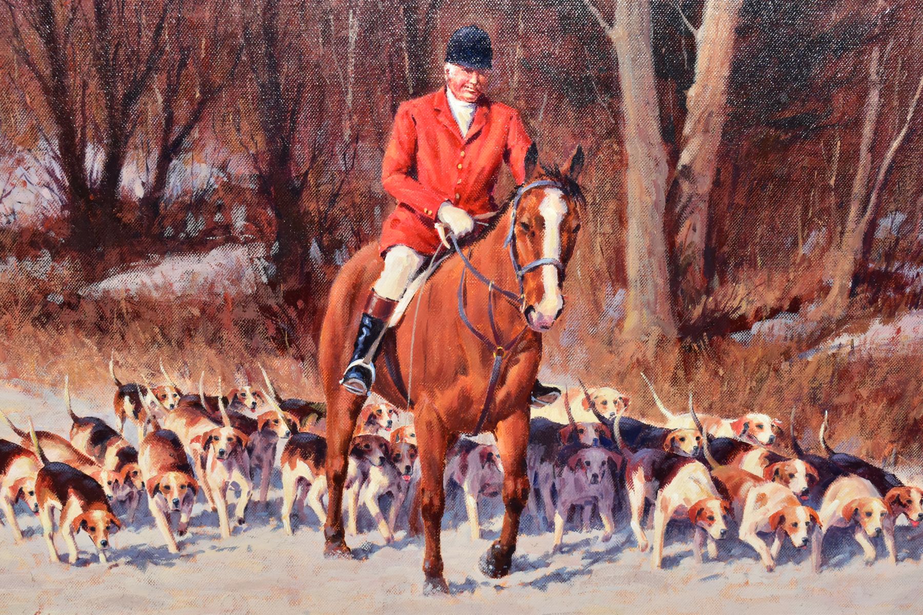 RONALD 'RON' MOSELEY (BRITISH 1931), Huntsmen and Hounds riding through ...
