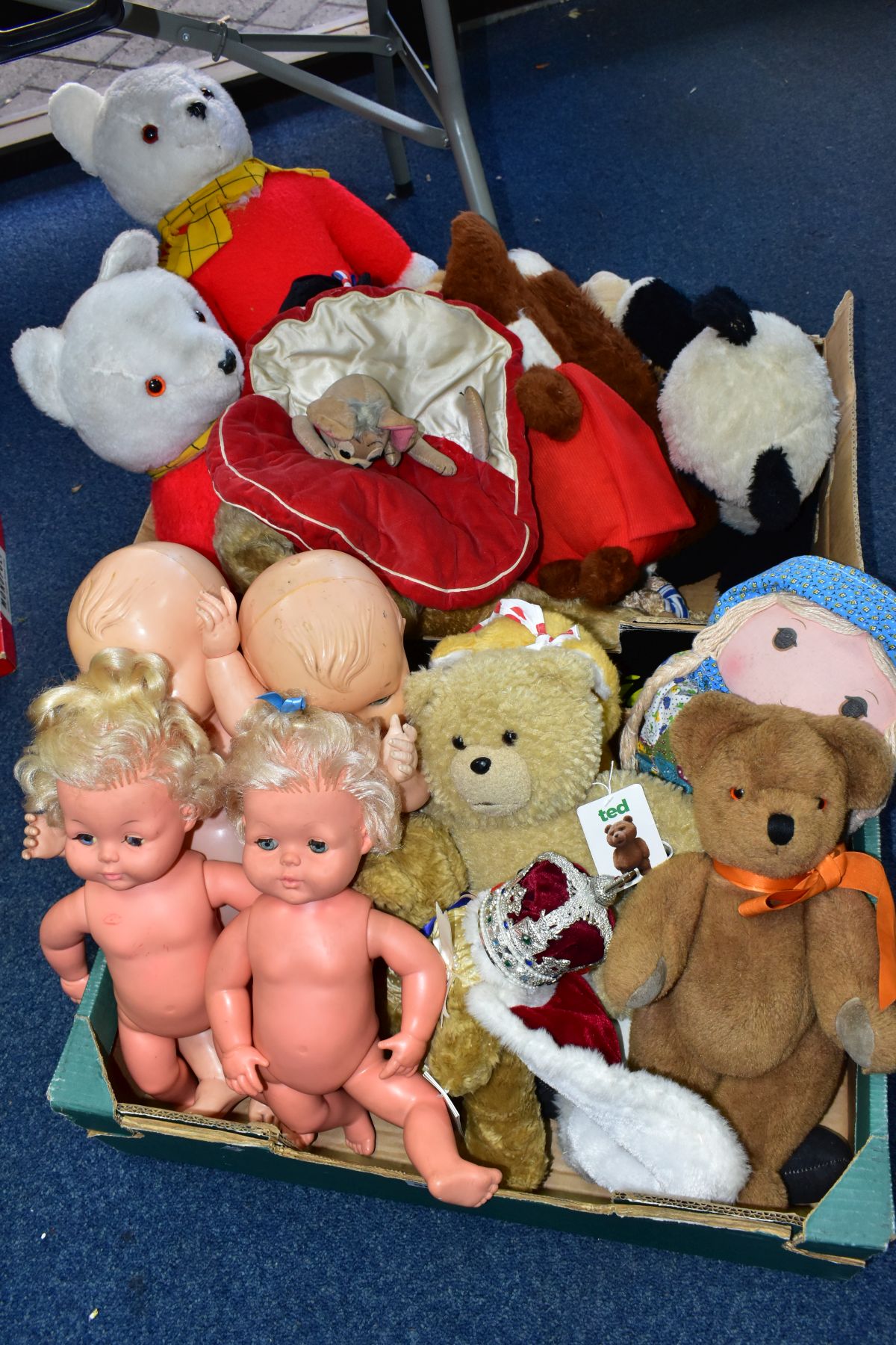 TWO BOXES OF DOLLS AND SOFT TOYS, including a Merrythought Pixie ...