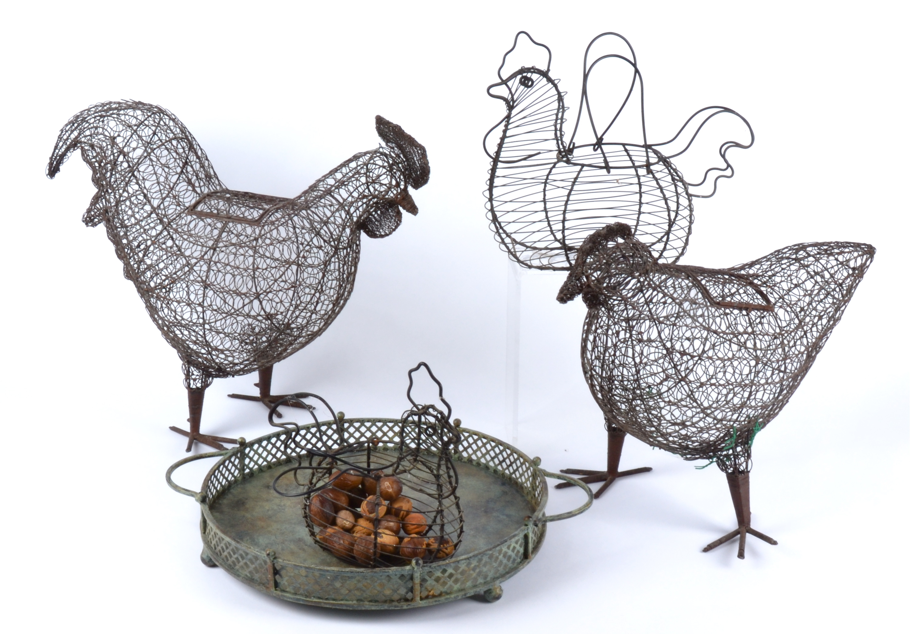 Two wire-work topiary frames in the form of chickens, tallest 48cm ...