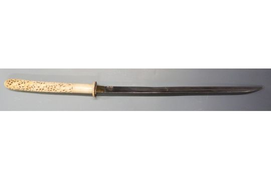 Burmese dha ivory handled sword circa 1900, with ornate carved grip ...