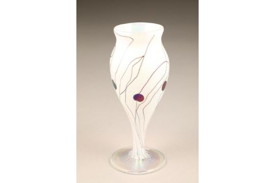 John Ditchfield for Glasform, a white iridescent glass vase, etched to ...