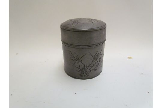 A Swatow pewter tea caddy, Swatow marks on body and lid, 3½" high