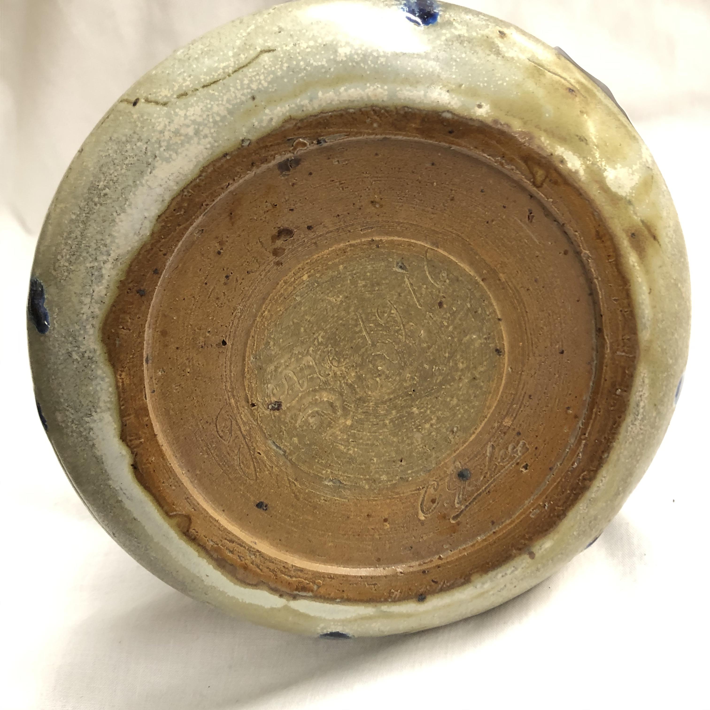 ARTS AND CRAFTS POTTERY SQUAT BULBOUS VASE WITH BLUE FIRED DRIP GLAZE ...