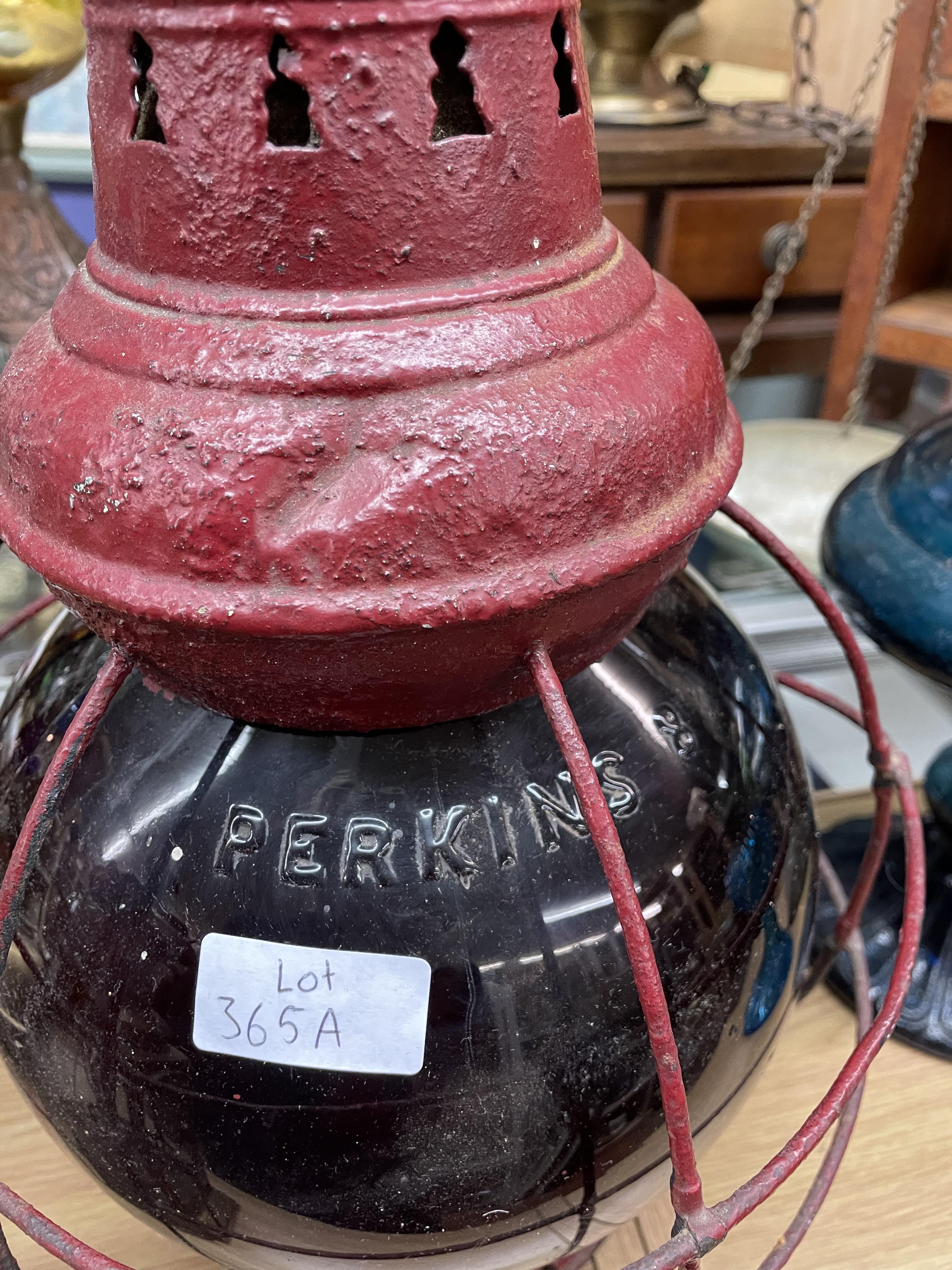 PERKINS 8" RED GLOBE MARITIME LANTERN AND A SELECTION OF COLOURED GLASS ...