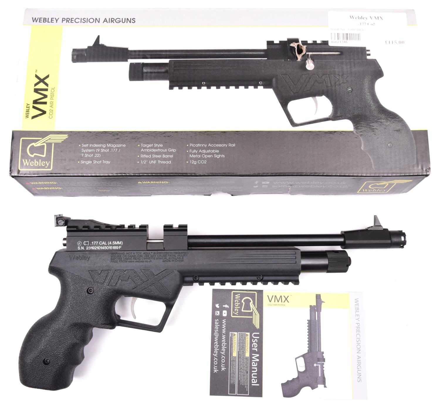 A .177” Webley VMX multi shot CO2 air pistol, number 2319210145015189F ...
