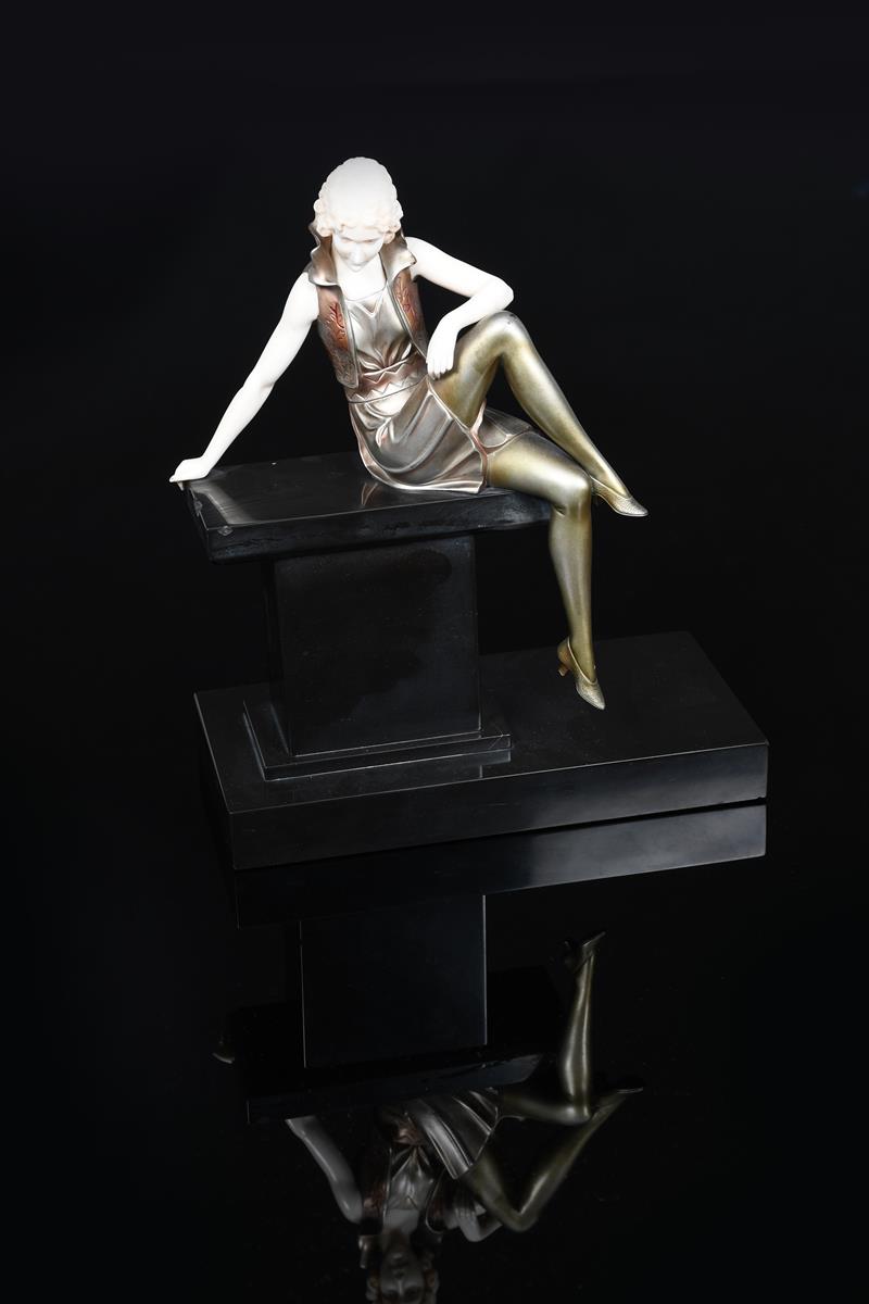 λ Ferdinand Preiss (1882-1943)Girl on a Wall bronze and ivory sculpture ...