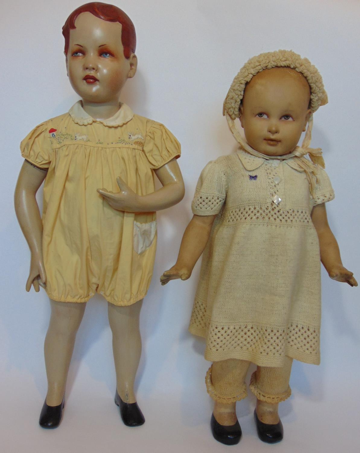 2 large vintage standing dolls, probably for shop display, with painted ...