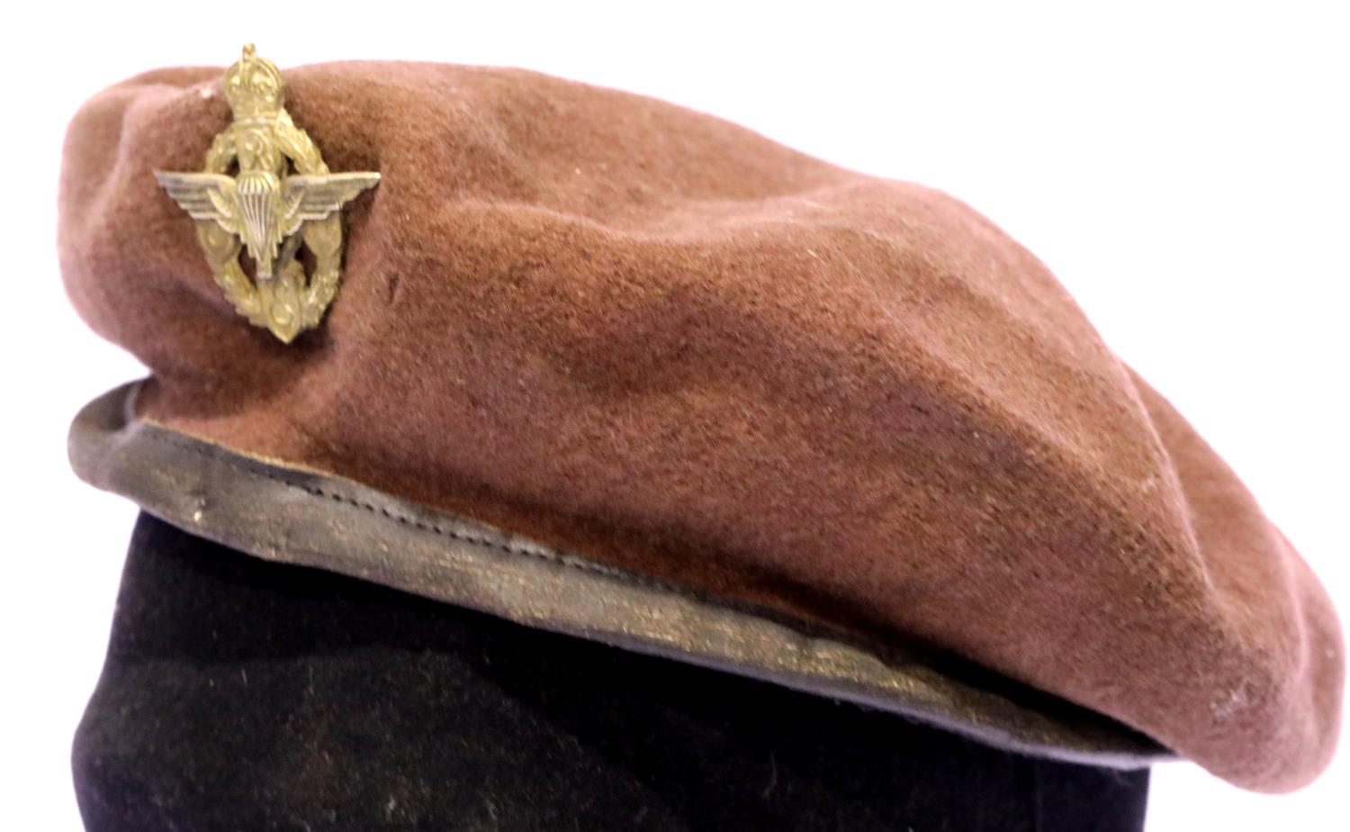 WWII Parachute Beret with unofficial R.E.M.E cap badge worn on D-Day. P ...