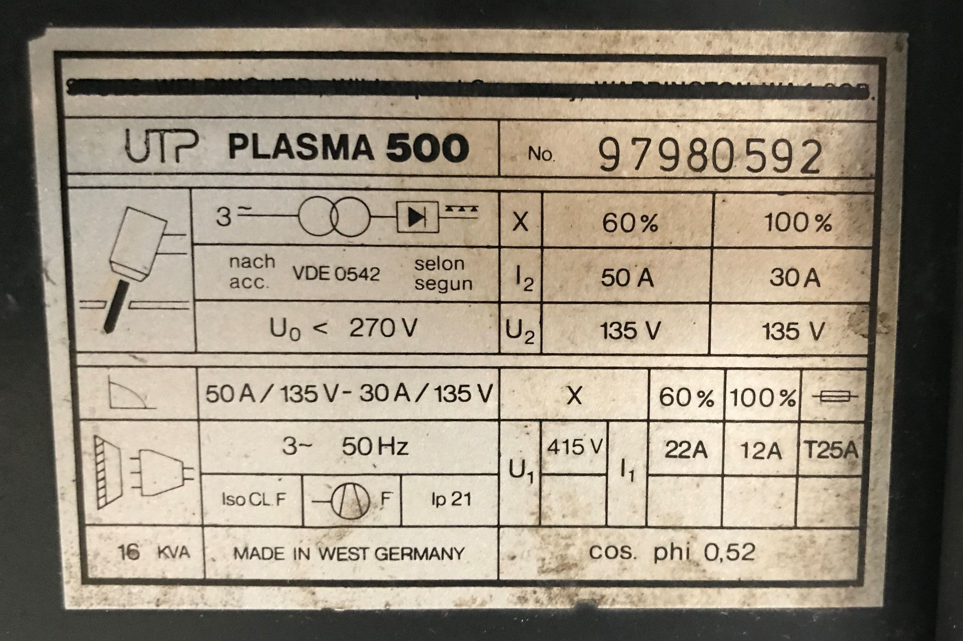 A UTP PLASMA 500 Plasma Cutter No.97980592, 3 phase.
