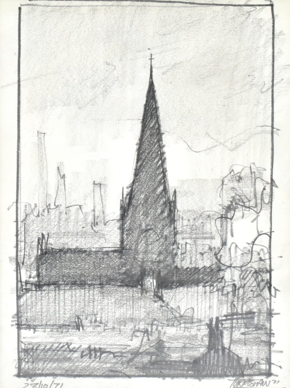 TREVOR GRIMSHAW (1947-2001); pencil drawing, study of a church, signed ...