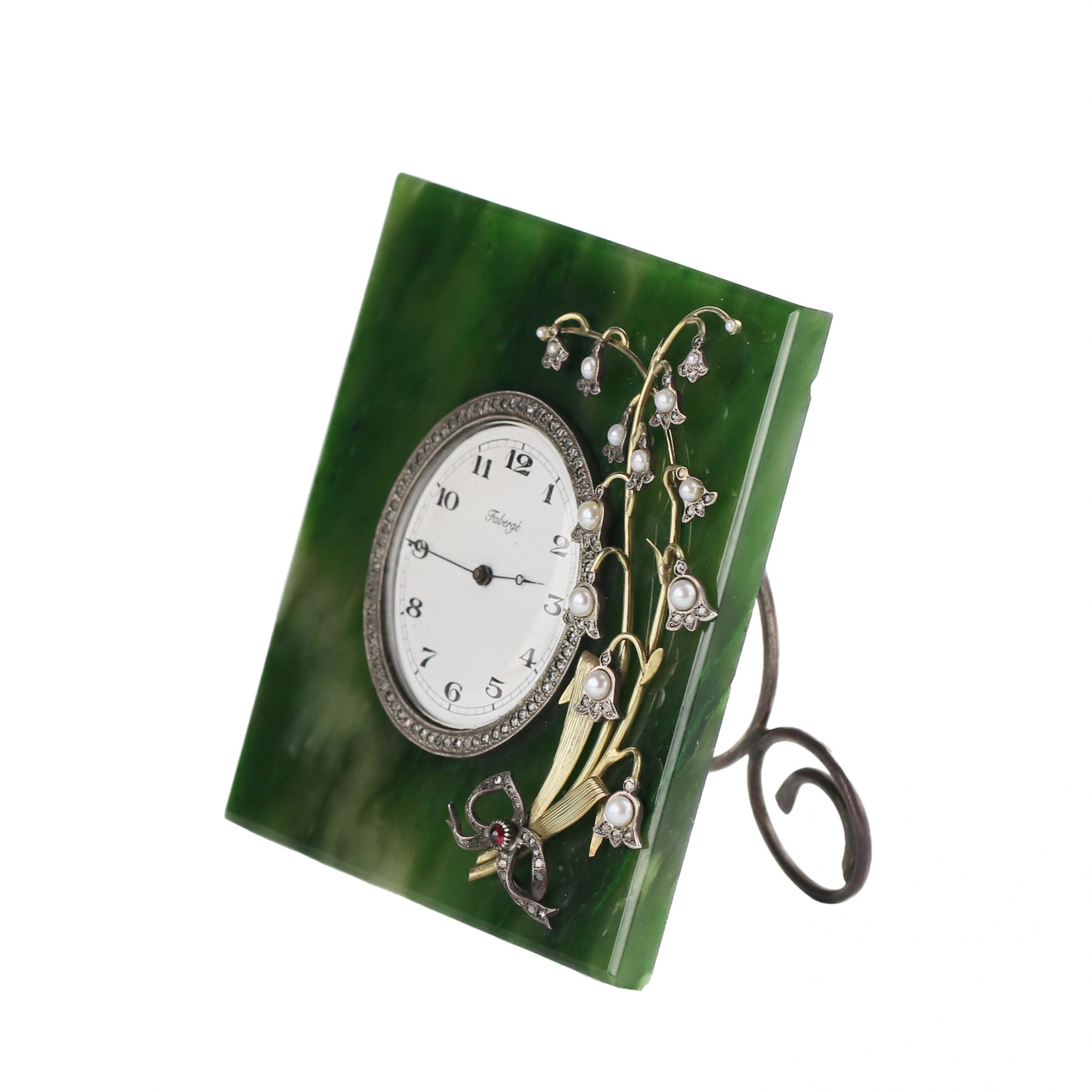 Small, table clock made of gold, silver and jade. In original green ...