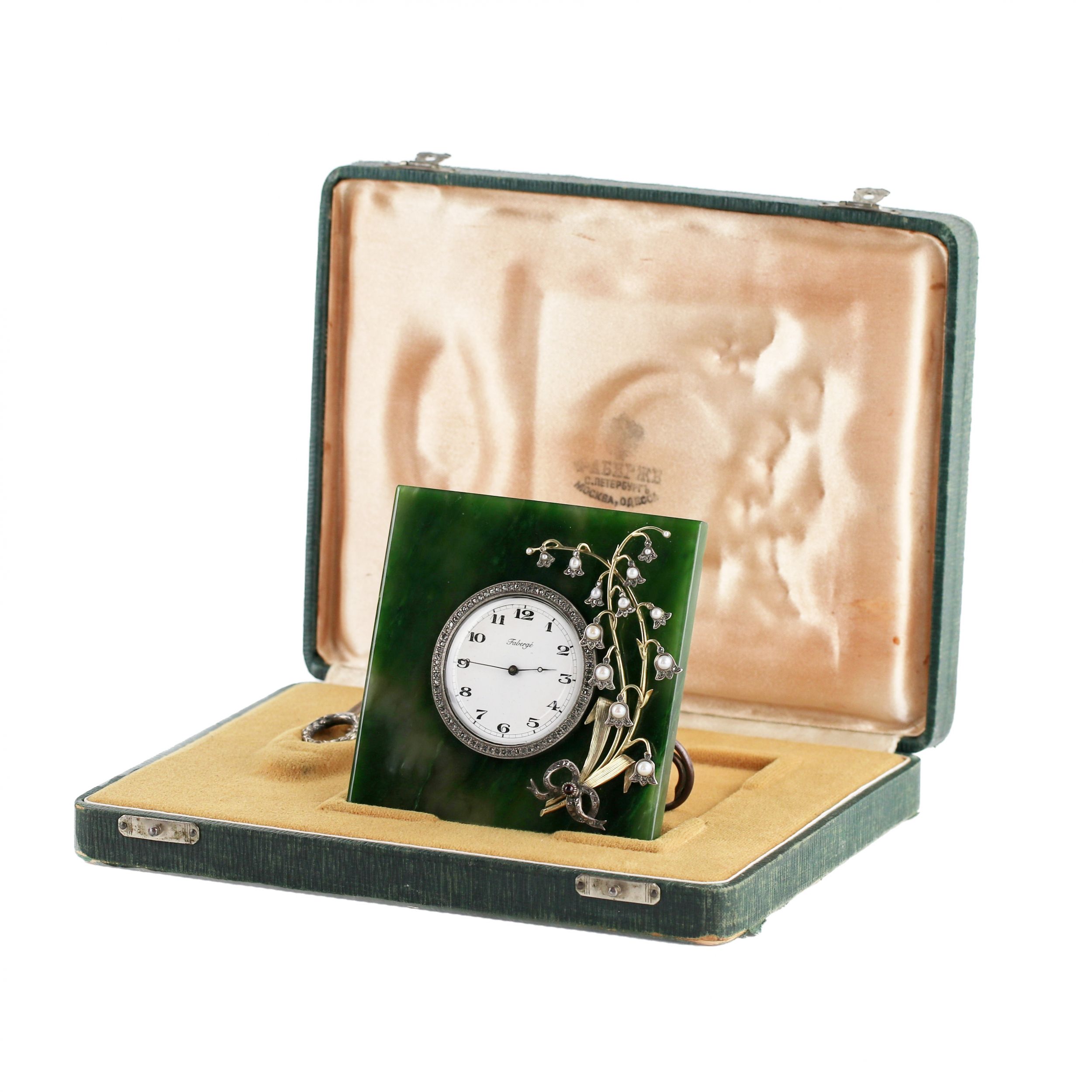 Small, table clock made of gold, silver and jade. In original green ...